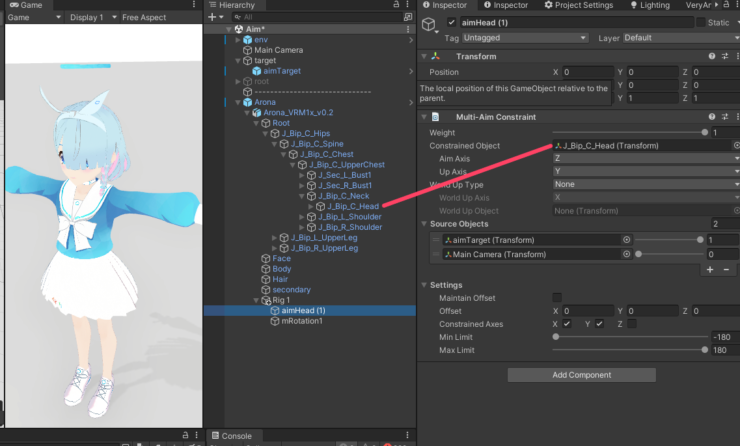 Animation Riggingでキャラがターゲットを見続け上半身も連動する挙動を実装する | Sirohood